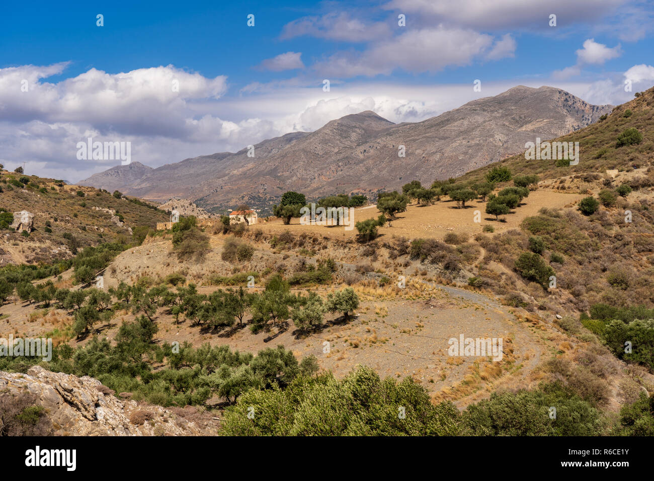 Wide view over the mountain landscape near Preveli beach on the island ...