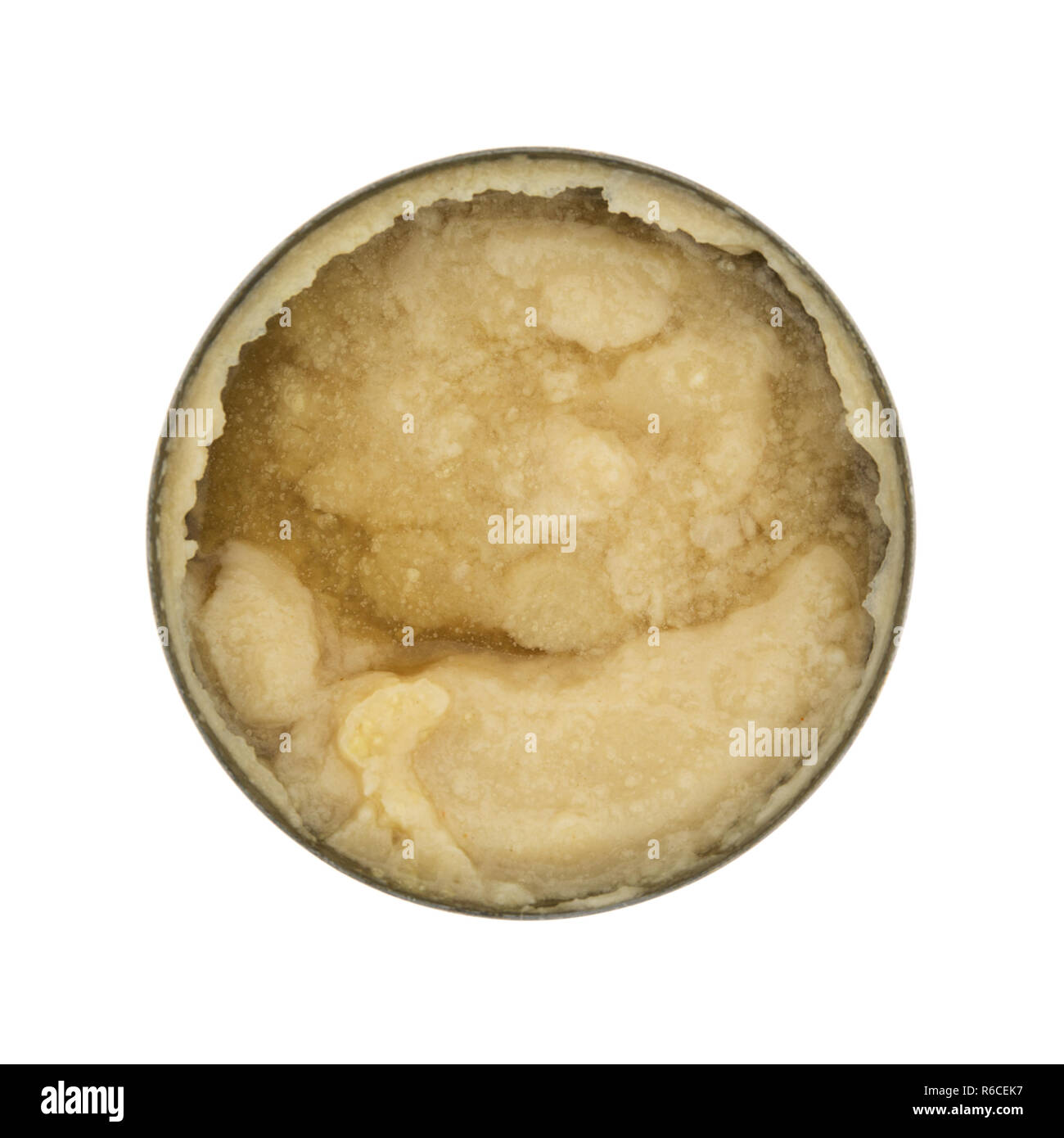 Top view of an open can of fish chowder isolated on a white background ...