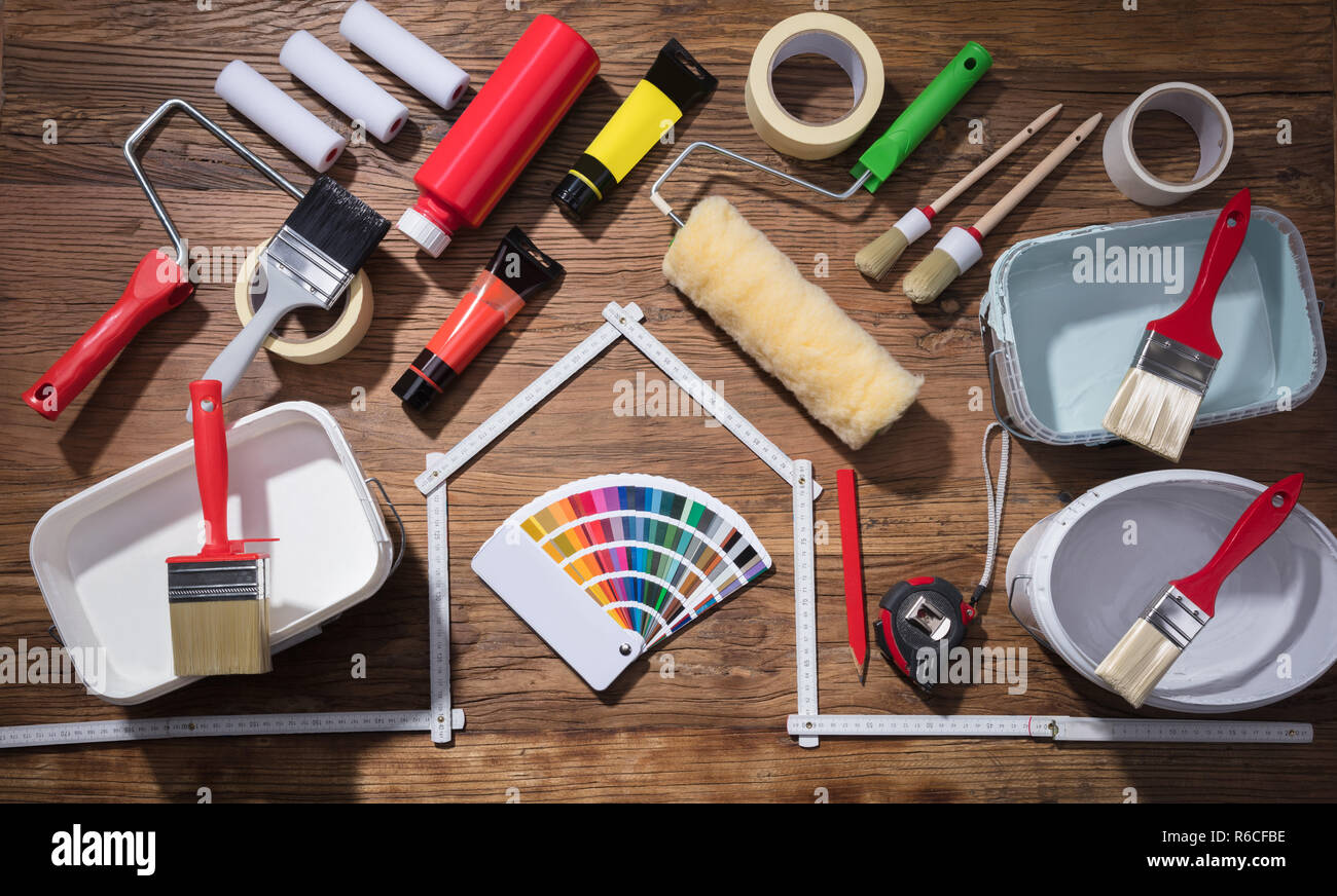 Various Painting Tools With Color Palette Stock Photo - Alamy