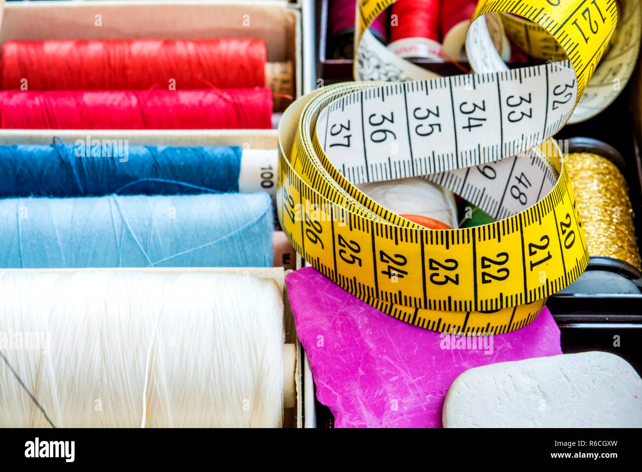 Sewing Cotton With Chalk And Measure Stock Photo - Alamy