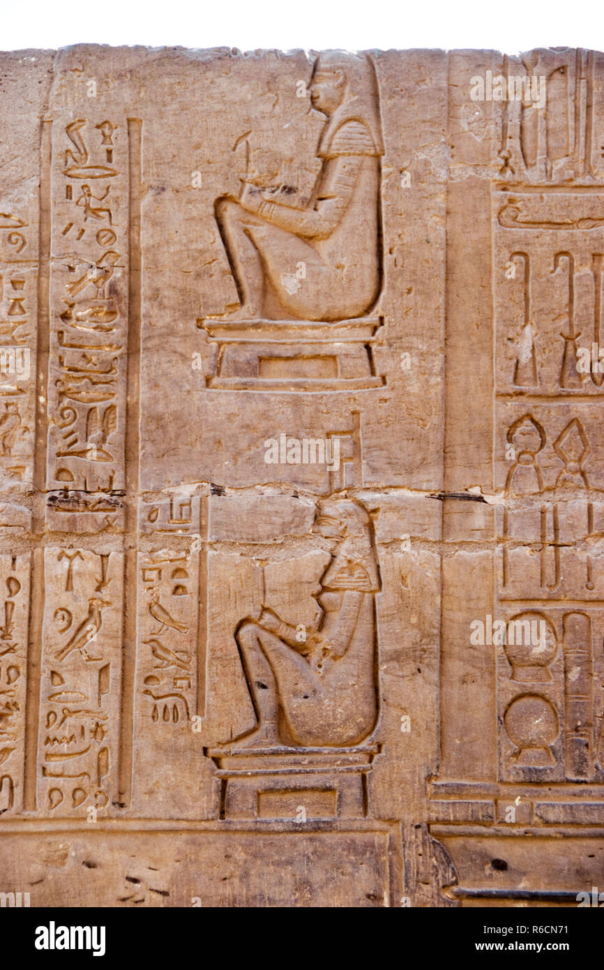 Bas relief images carved on a wall of the Temple of Kom Ombo, in Kom ...