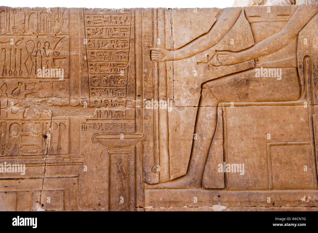Bas relief images carved on a wall of the Temple of Kom Ombo, in Kom ...