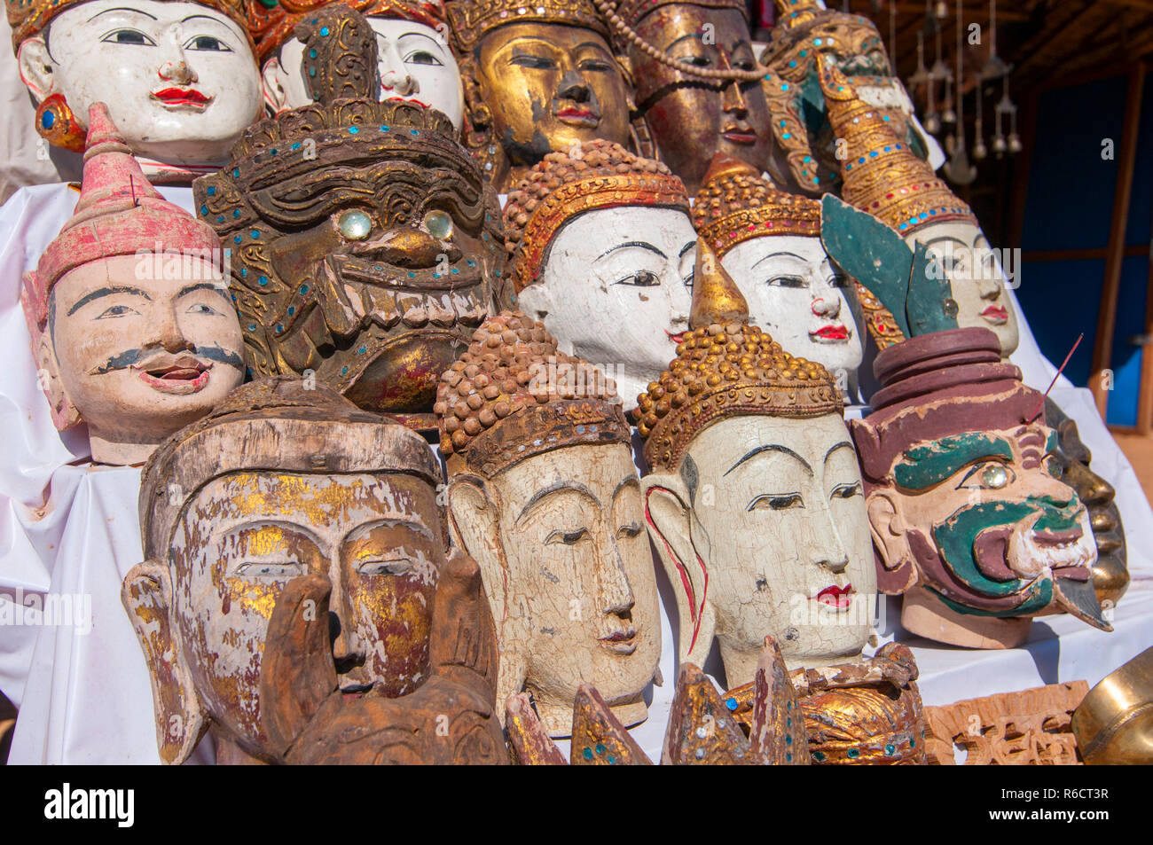 Wooden Buddha Mask, Hand-Made Souvenirs On The Market At Bagan, Burma ...