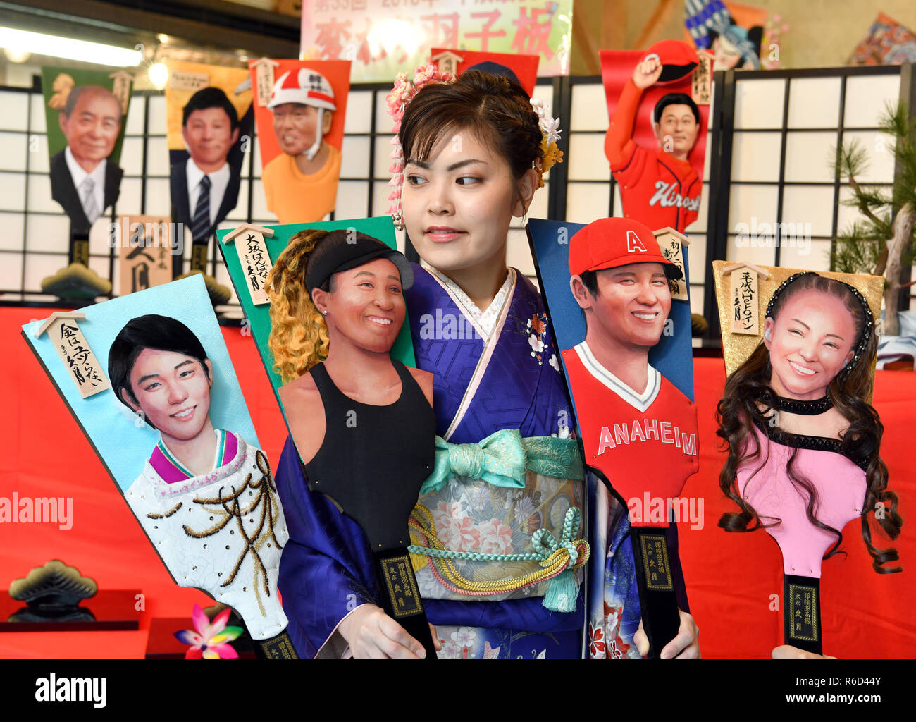 December 5, 2018, Tokyo, Japan - A kimono-clad model displays ...
