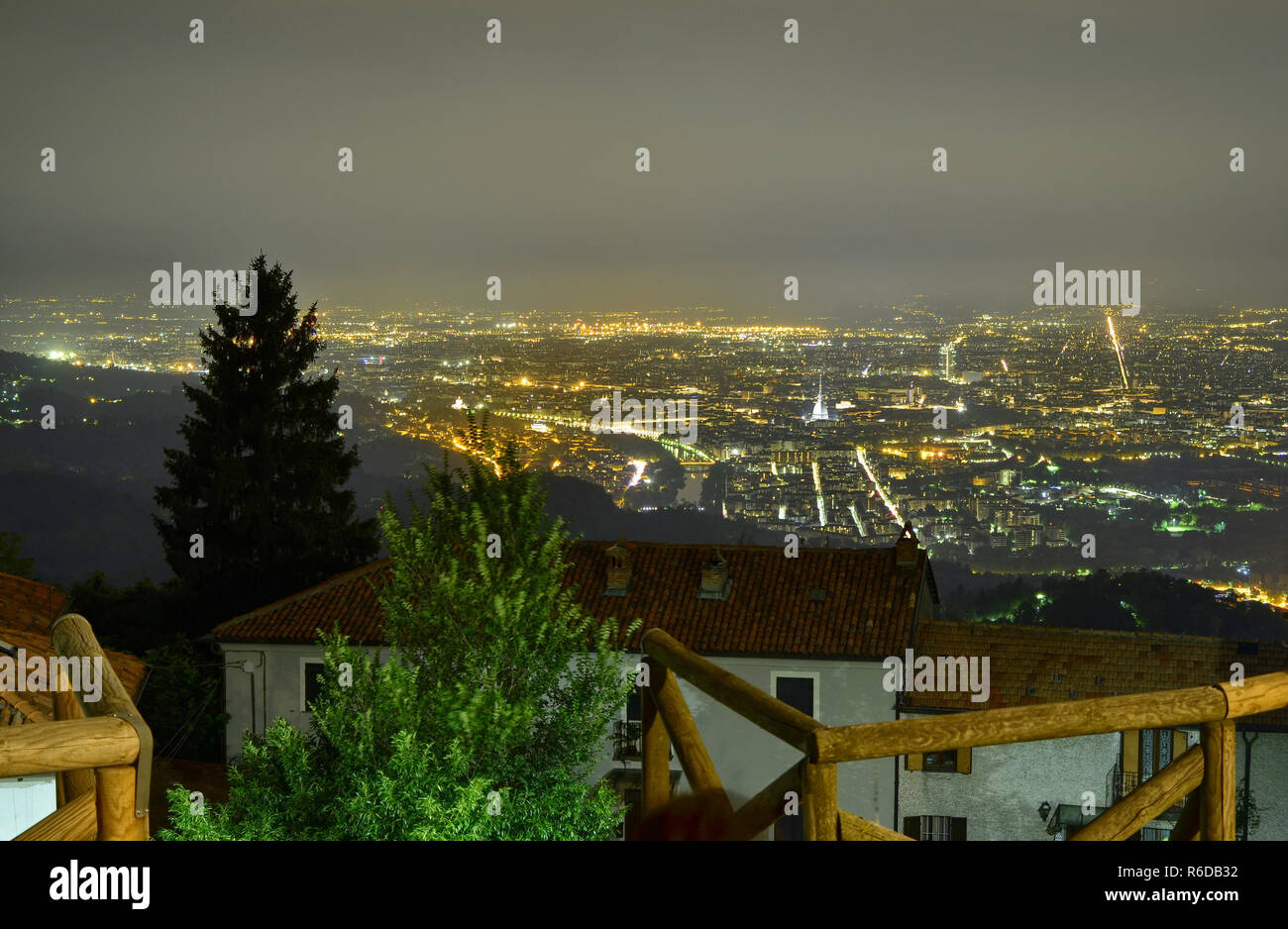 Turin, Piedmont, August 2018. Italy. Panoramic night view of the city ...