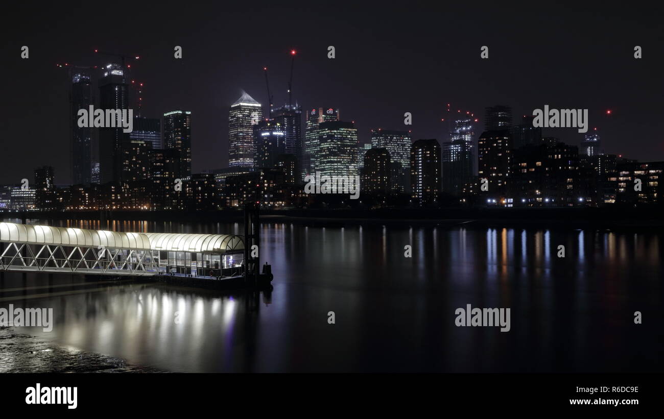 Canary Wharf view from deptford wharf area at the riverside Thames ...