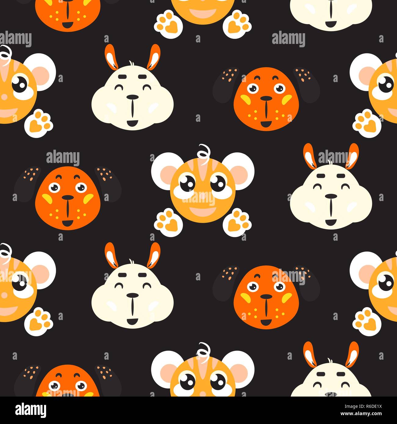 Cute smiling animals childish vector colorful seamless repeat pattern ...