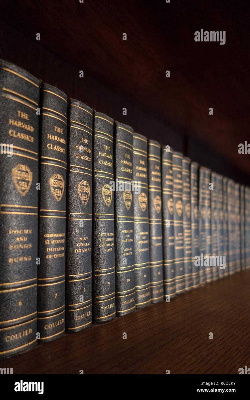 Set of The Harvard Classics books on a book shelf in an English house ...
