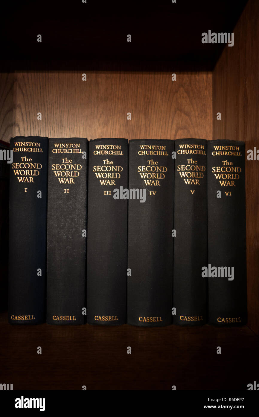 Old Volumes of Winston Churchill The second World war books on a book shelf in an English house ...