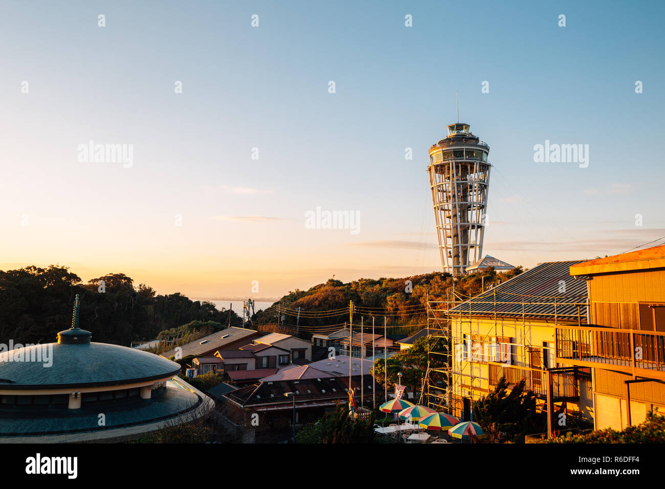 Enoshima island lighthouse and sunset view in kanagawa, Japan Stock ...