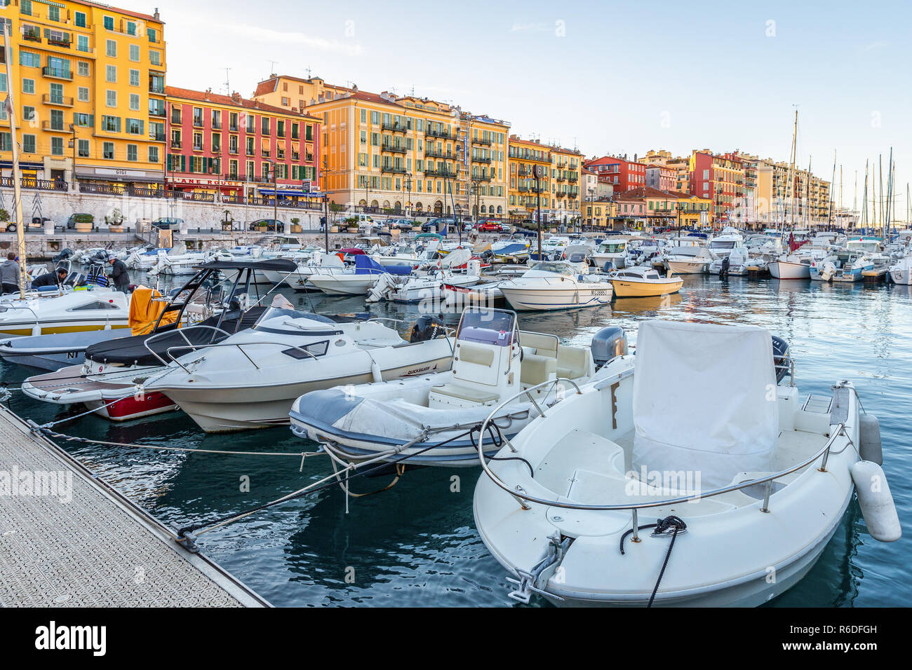 Nice, France - October 2, 2018: Morning scene of fishing boats parking ...