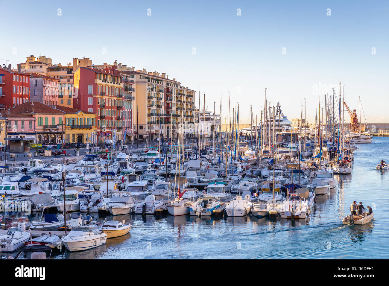 Nice, France - October 2, 2018: Morning scene of men sailing boat from ...