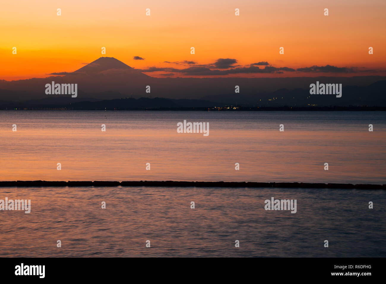 Mountain Fuji and Enoshima island sunset beach in kanagawa, Japan Stock ...