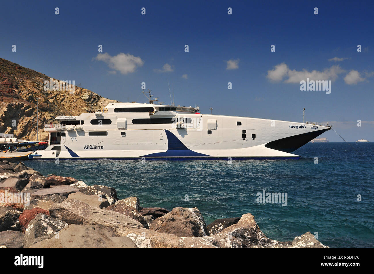 Futuristic Megajet Ferry Docked In Santorini Port, Cyclades, Greece ...