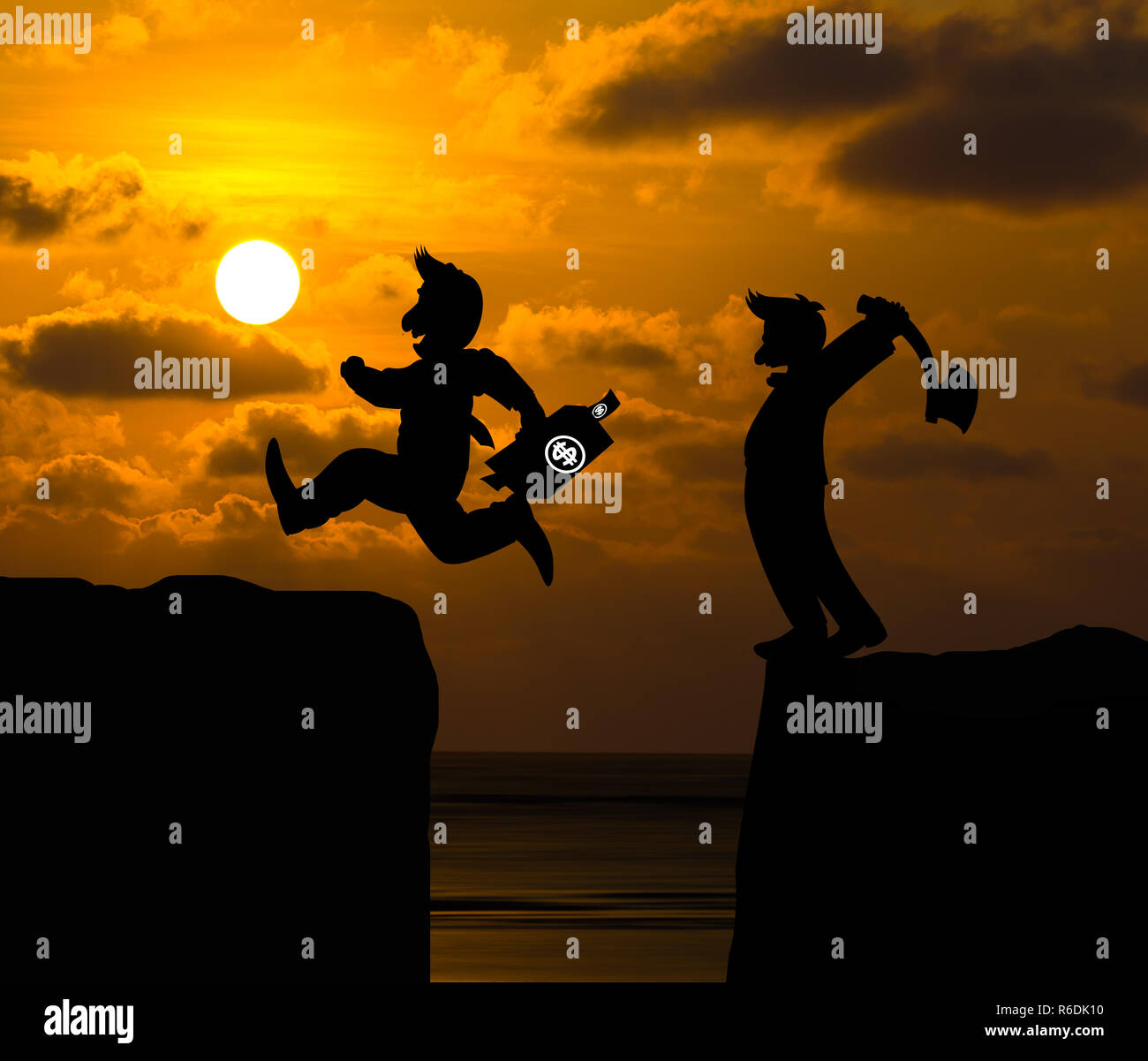 Concept cartoon silhouette, Man hold axe and Man jumping over precipice ...
