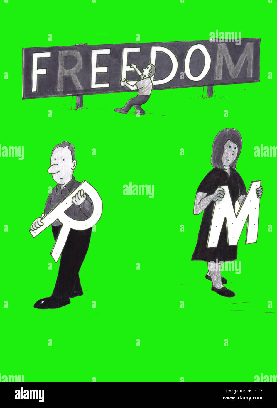 People Removing Letters from a Freedom Sign Stock Photo - Alamy