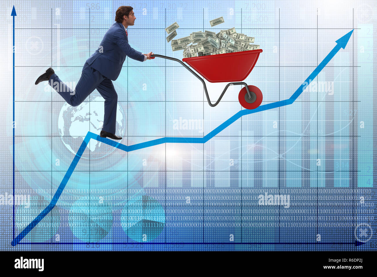 Businessman pushing wheelbarrow full of dollar money Stock Photo - Alamy
