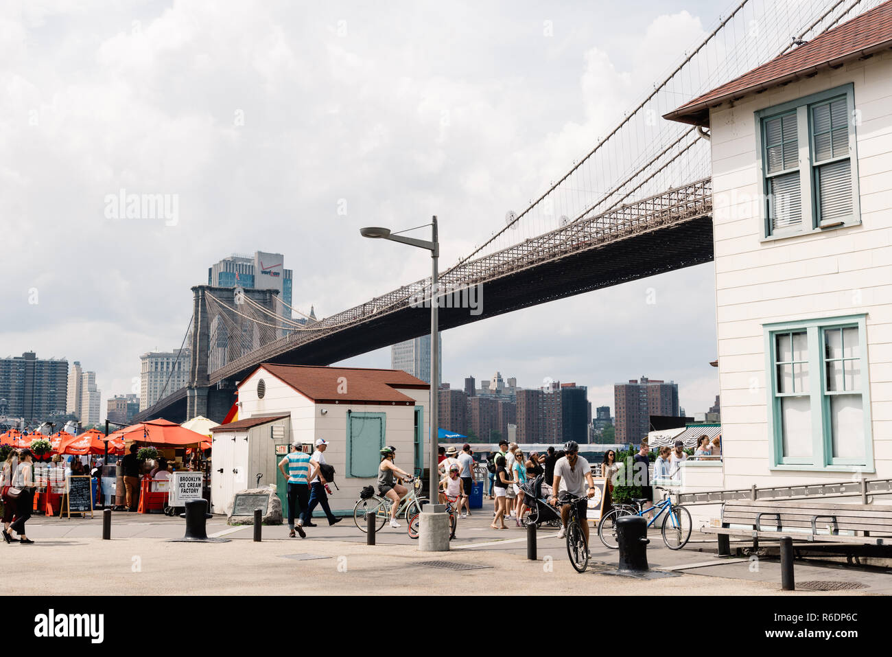 New York City, USA - June 24, 2018: A crowd of people under Brooklyn ...