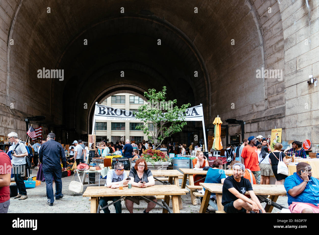 New York City, USA - June 24, 2018: Brooklyn Flea Market in DUMBO. It ...