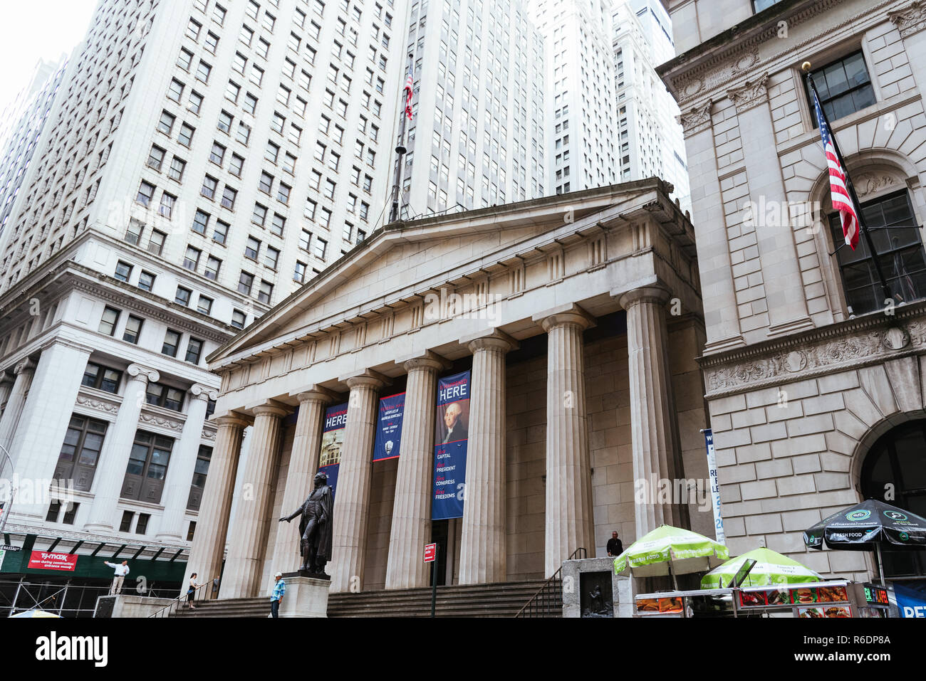 New York City, USA - June 24, 2018: Low angle view of Federal Hall ...