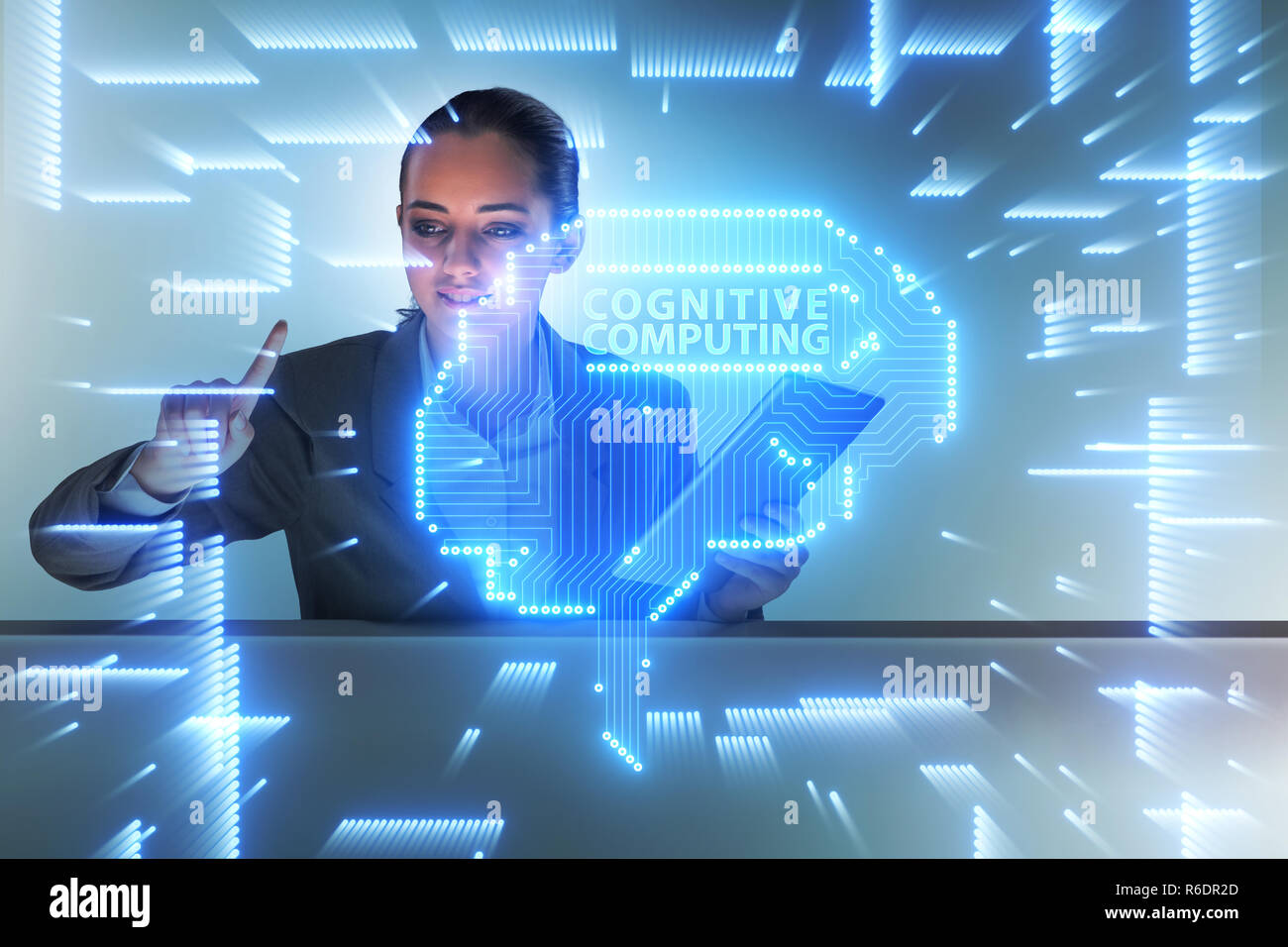 Cognitive computive concept with woman pressing buttons Stock Photo - Alamy