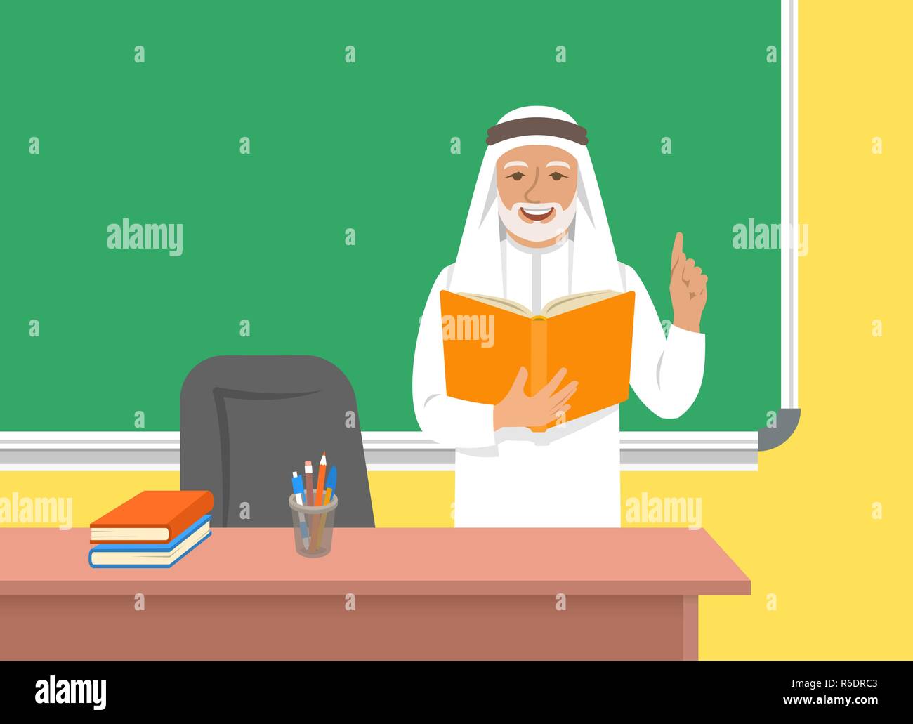 Arab teacher senior man in traditional dress standing with open book at ...