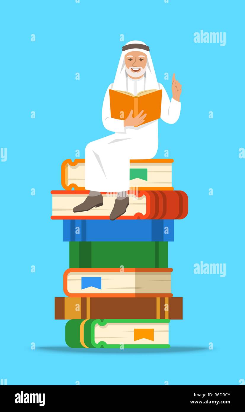 Senior arab man teacher reads open book sitting on stack of giant books ...