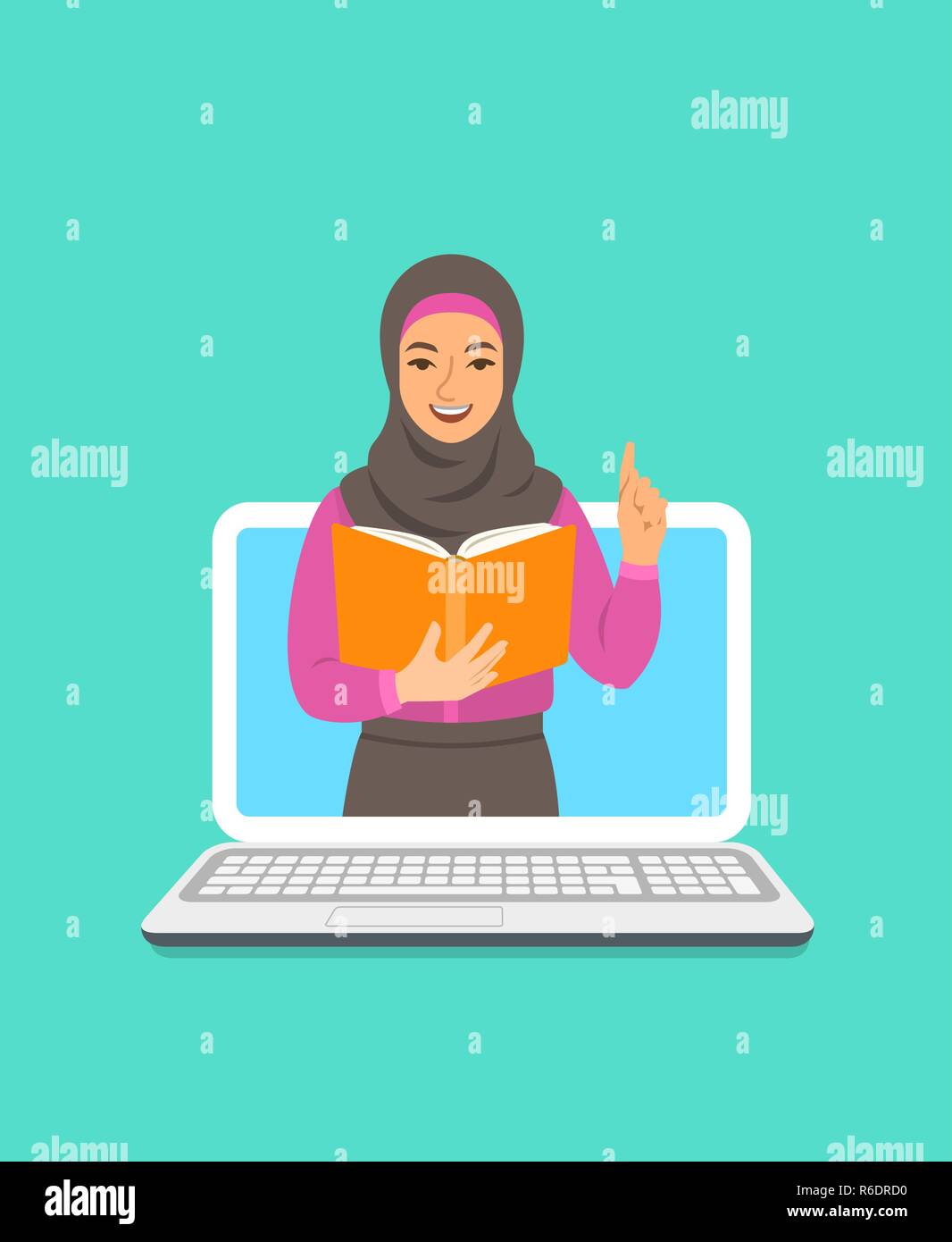 Online education concept. Young arab woman teacher holds open book and ...