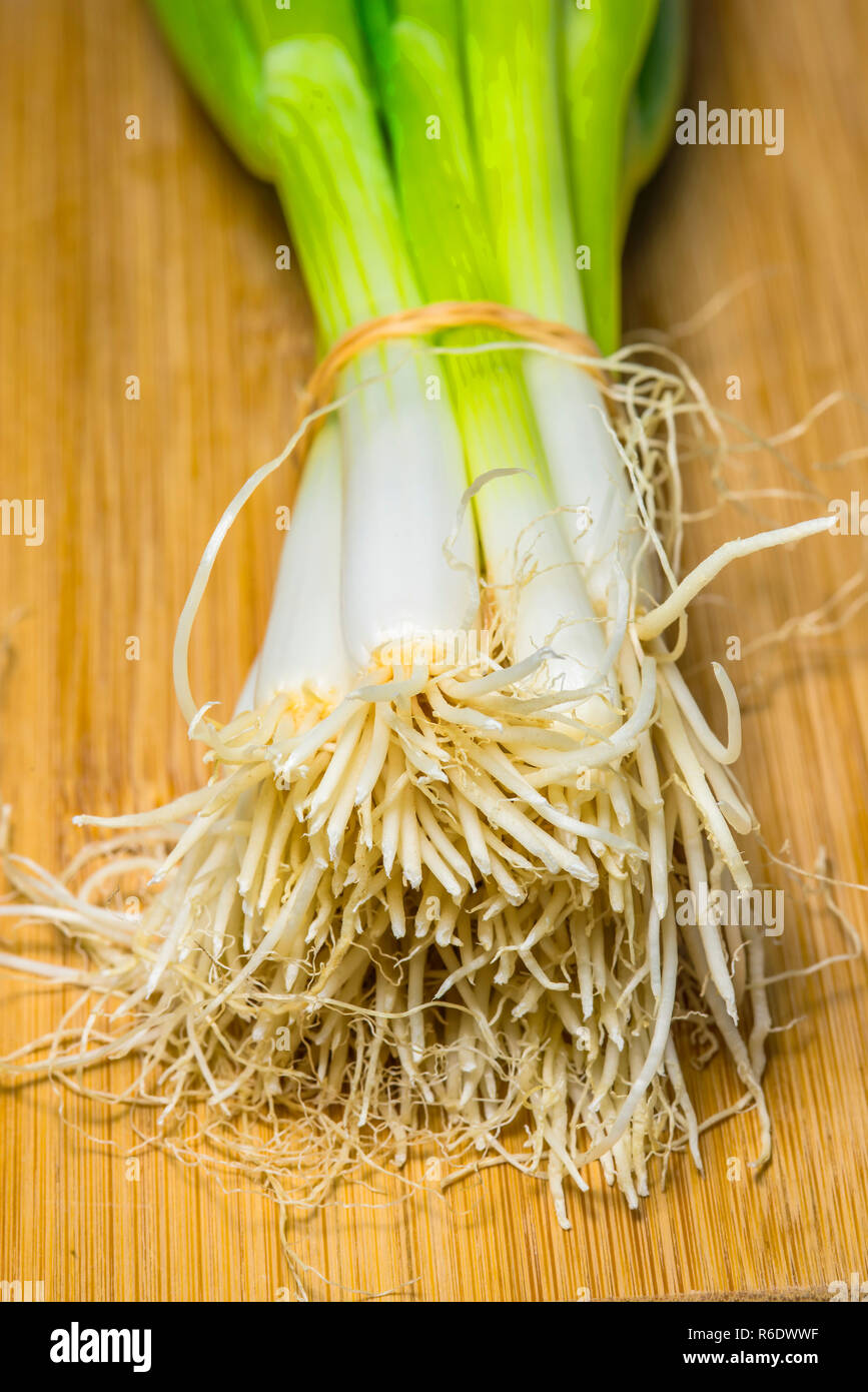 Spring Onion On A Plank Stock Photo - Alamy