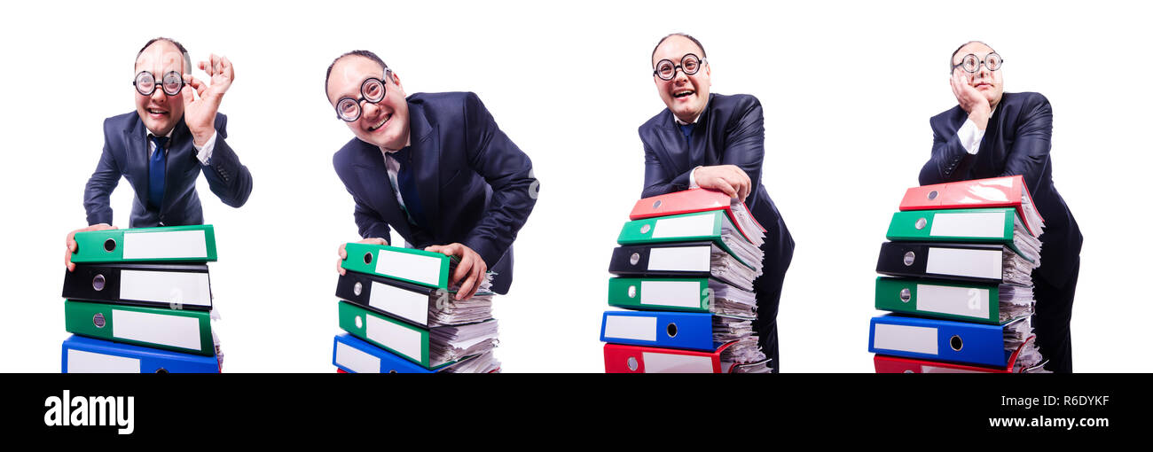 Funny man with lots of folders on white Stock Photo - Alamy