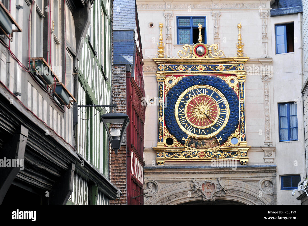 Half-Timbered Houses And Great Clock At Rouen Normandy France Stock ...