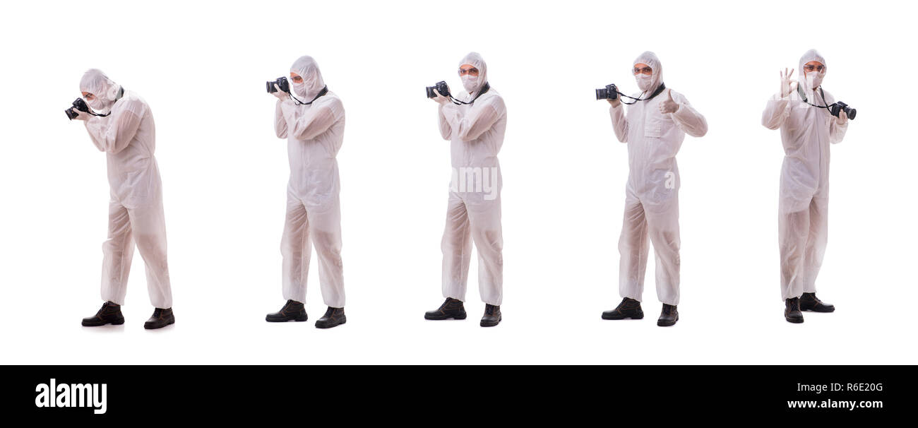 Forensic specialist in protective suit taking photos on white Stock ...