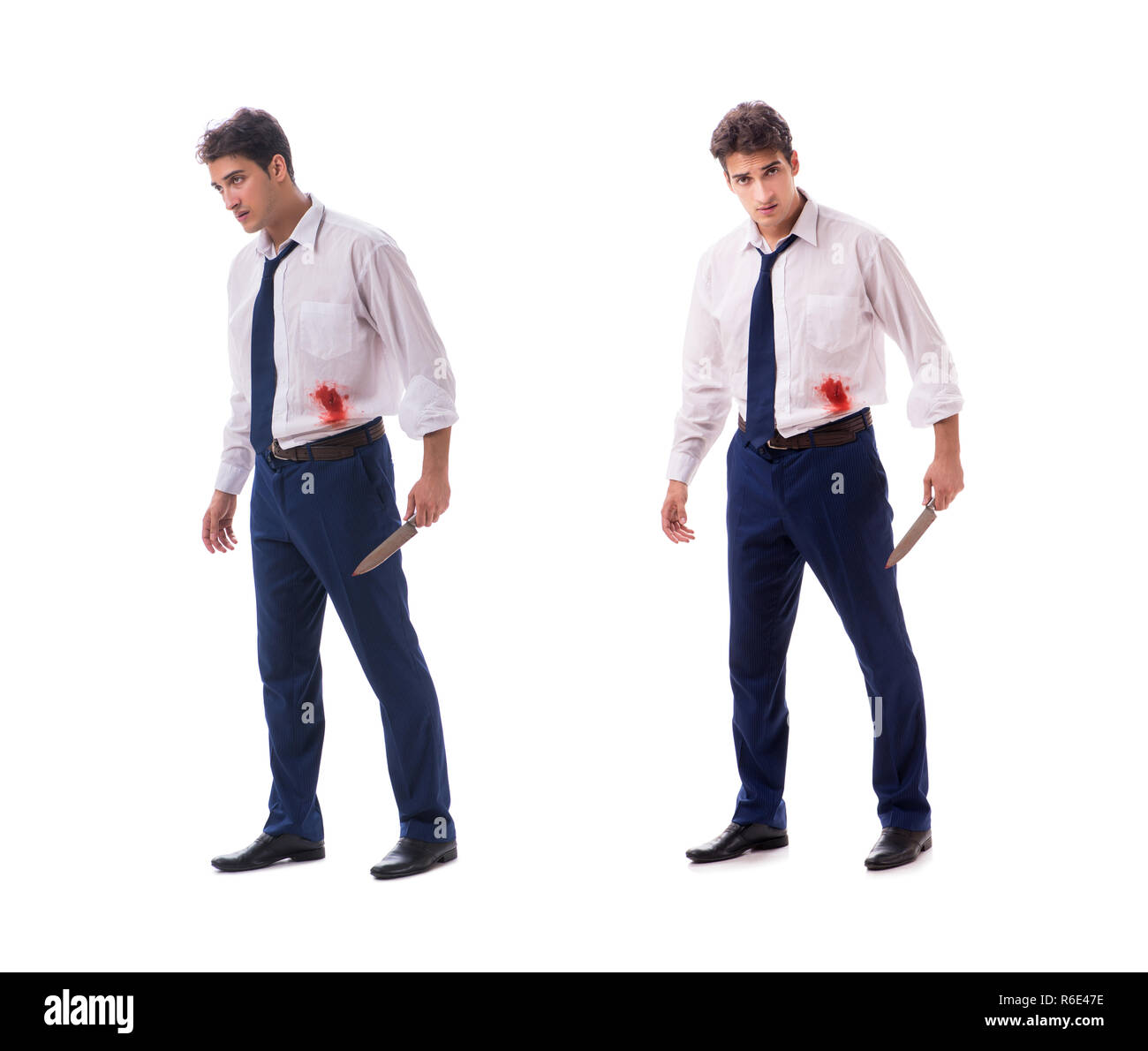 Wounded businessman with blood stains isolated on white background ...