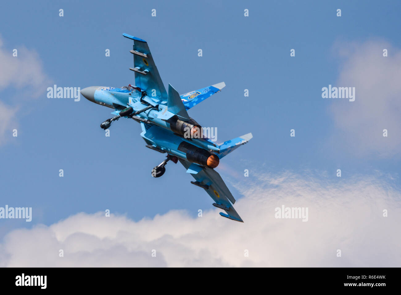 Ukrainian Air Force Sukhoi Su-27 Flanker fighter jet plane flying at ...
