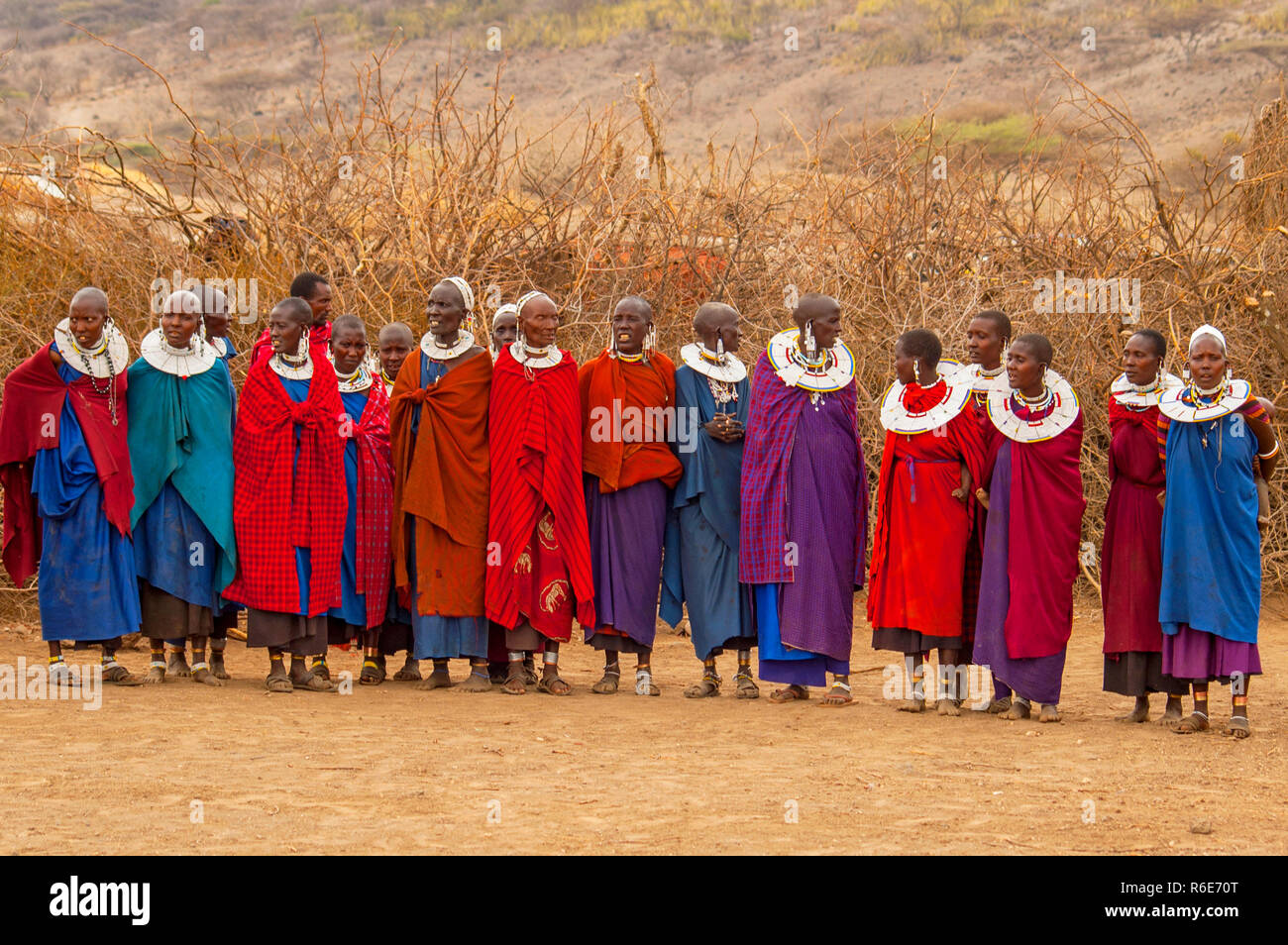 Massai Group With Traditional Clothing In Masai Mara, Kenya Stock Photo ...