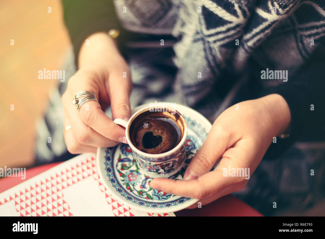 Top view to turkish coffee in tradition coffee cup with ornaments in ...