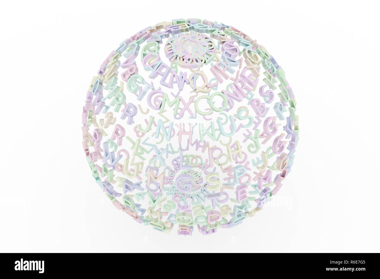 Sphere or planet, made up from alphabetic character, CGI typography ...