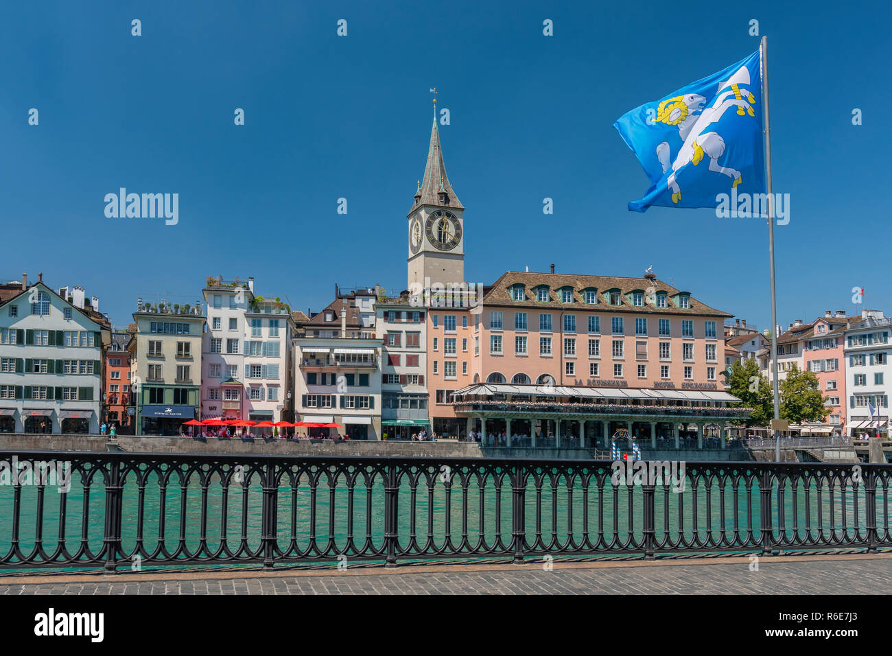 Old Town Of Zurich With St Peter Church Clock Tower Along Limmat River ...