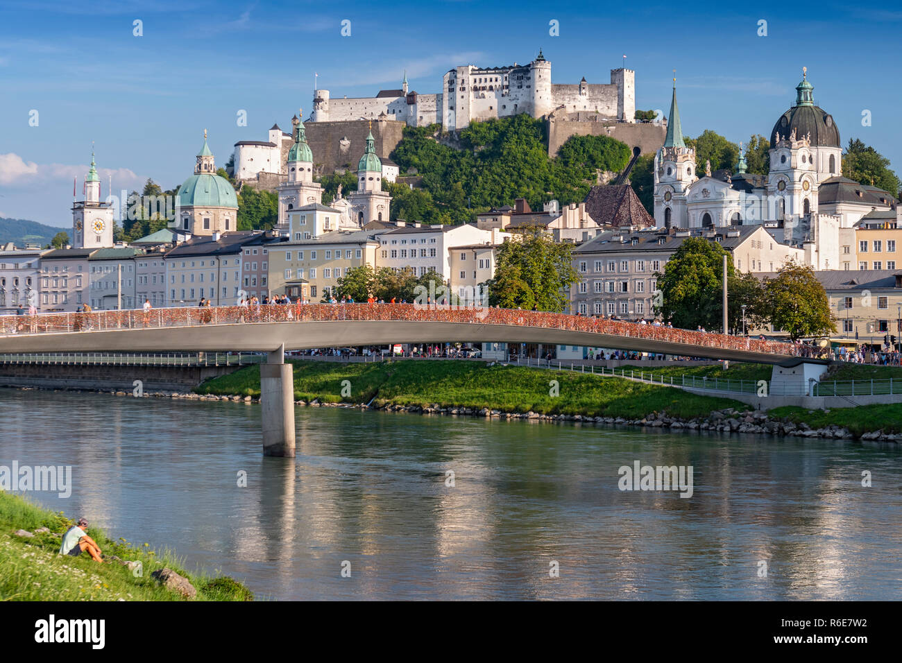 View Of Makartsteg Bridge Over Salzach River And Hohensalzburg Castle ...