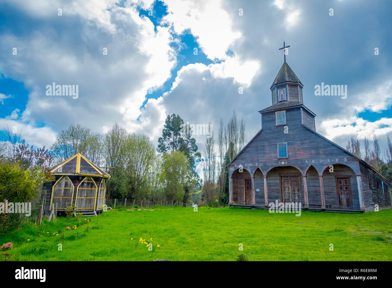 CHILOE, CHILE - SEPTEMBER, 27, 2018: Exterior view of quinchao church ...
