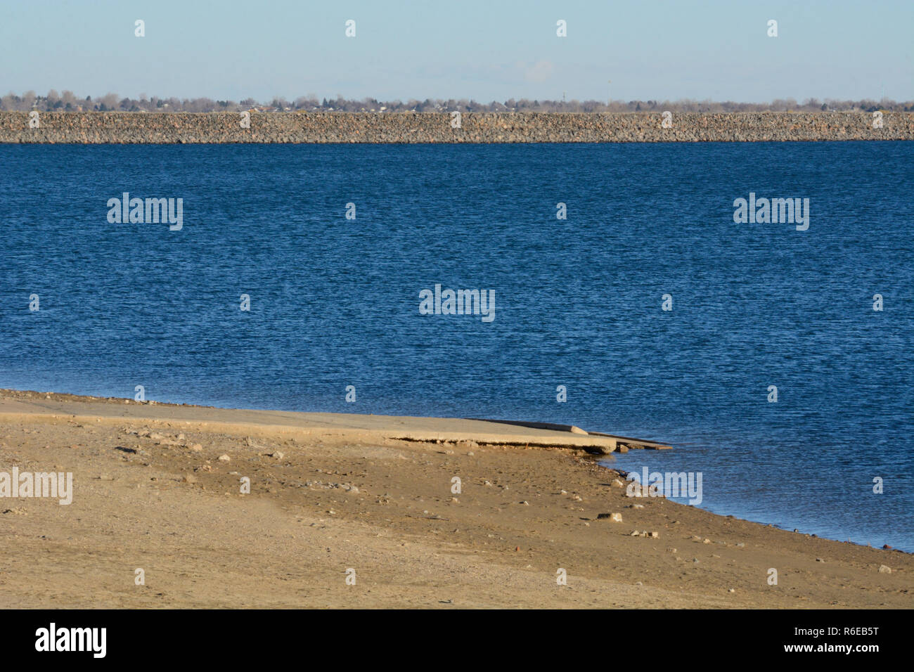 Empty Colorado lake water reservoir landscape with low water level and ...