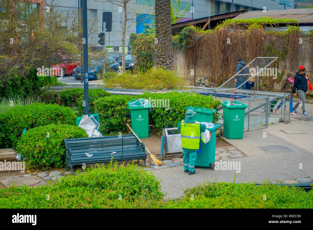 SANTIAGO, CHILE - OCTOBER 16, 2018: Unidentified man cleanning at the ...