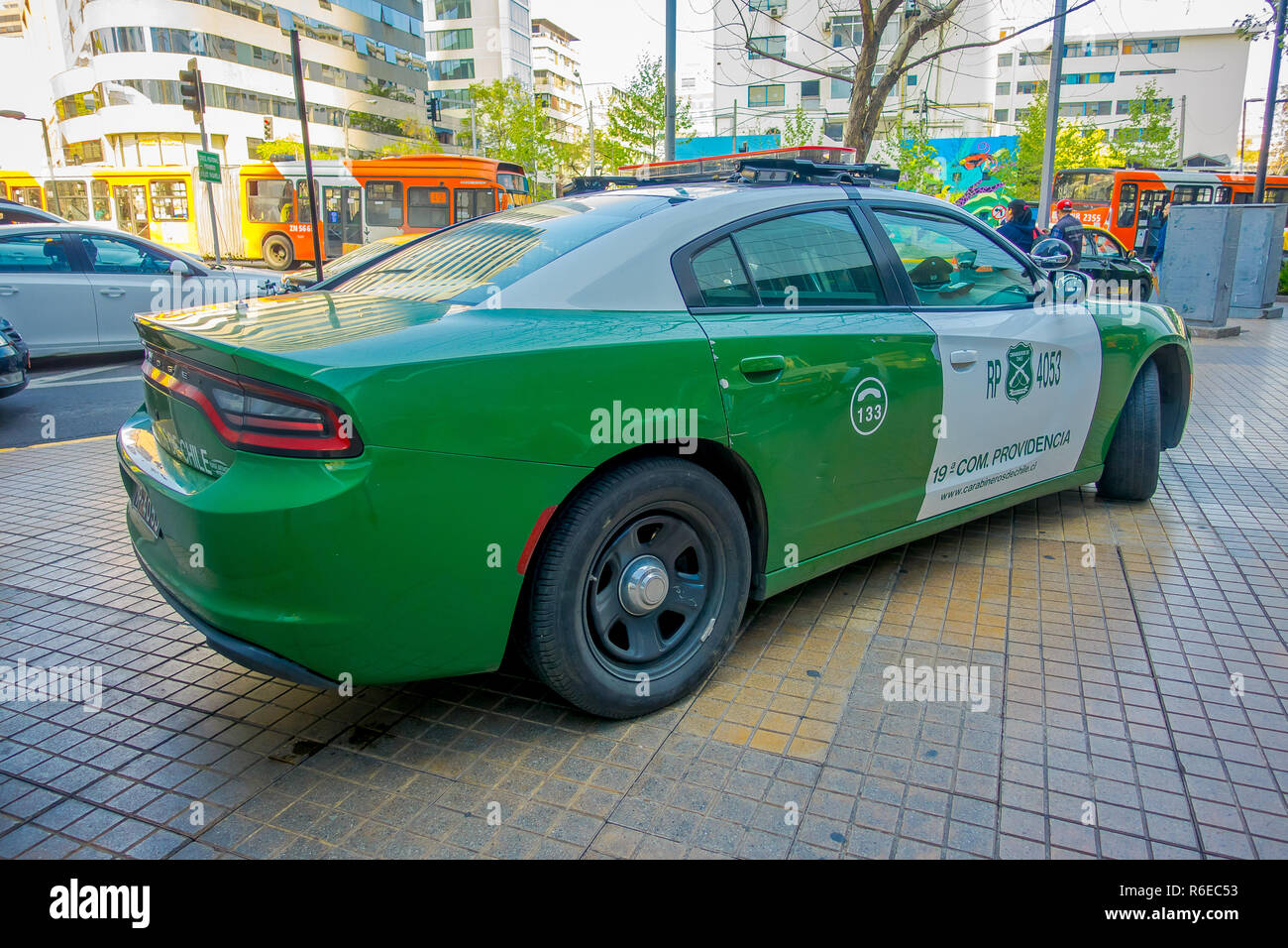 SANTIAGO, CHILE - OCTOBER 16, 2018: Outdoor view of green Police ...