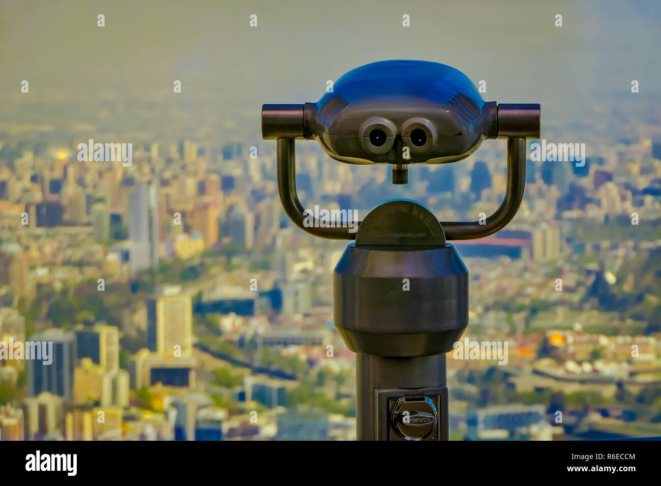 SANTIAGO, CHILE - OCTOBER 16, 2018: Close up of coin viewer machine ...
