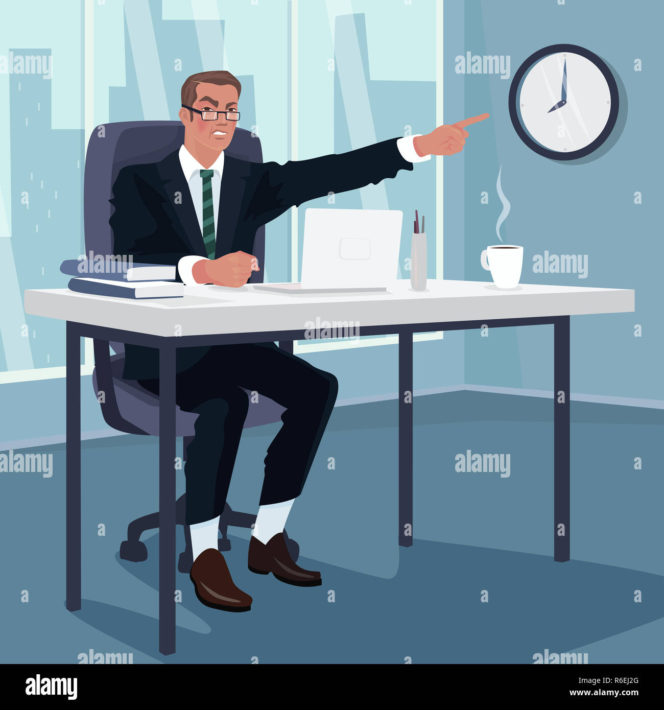 Angry boss points to wall clock Stock Photo - Alamy