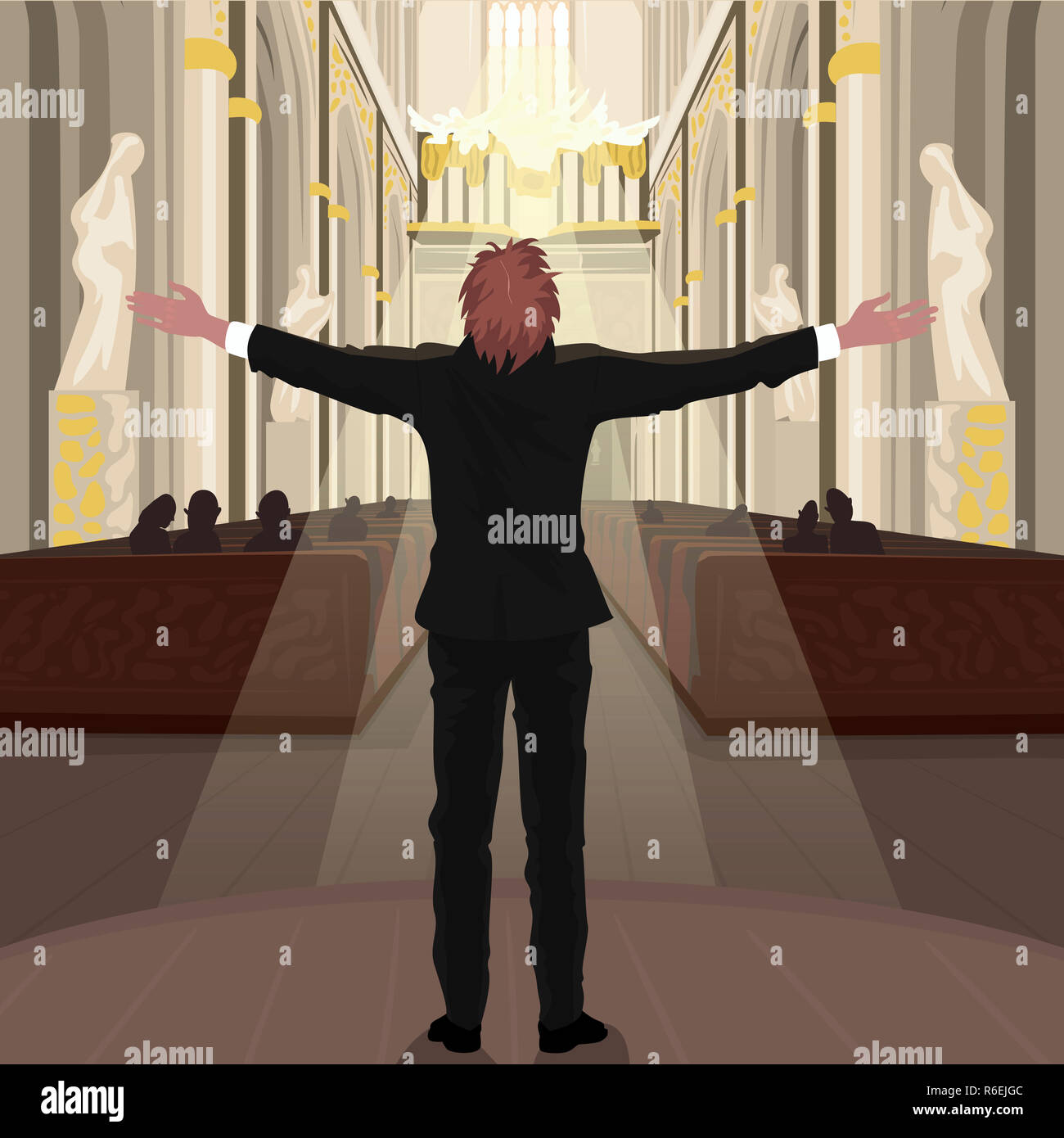 Pastor in Church calls parishioners to pray Stock Photo - Alamy