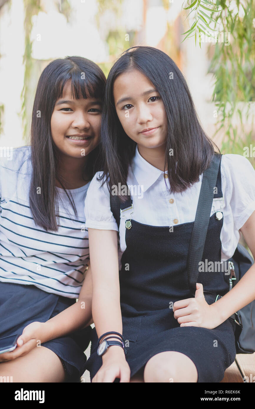 two asian teenager smiling face happiness emotion vacation time Stock ...