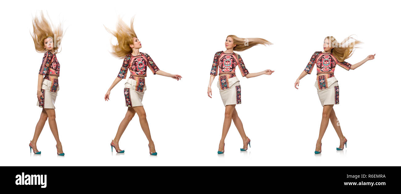 Pretty model in clothes with carpet prints isolated on white Stock ...