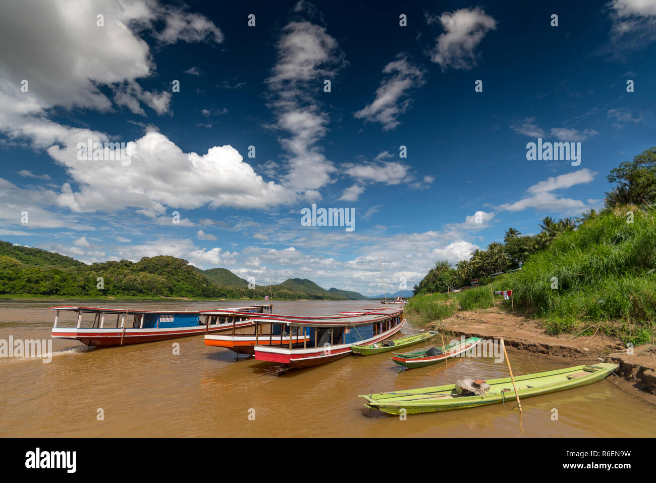 Tourist River Boat On The Mekong River, Luang Prabang, Laos, Asia Stock ...