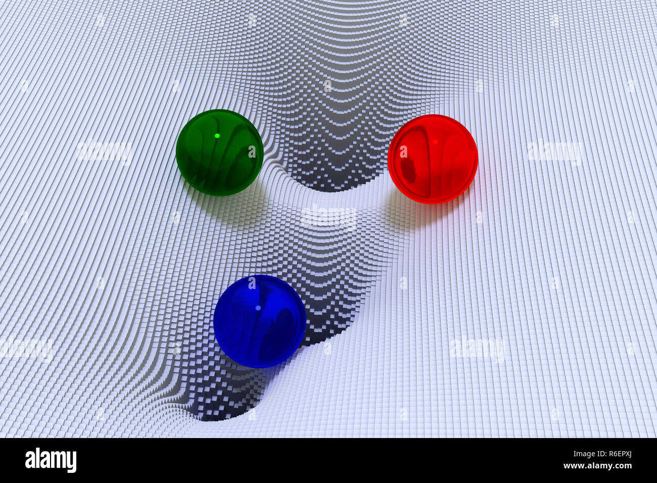 3d illustration of glass balls and a landscape of potential funnels ...